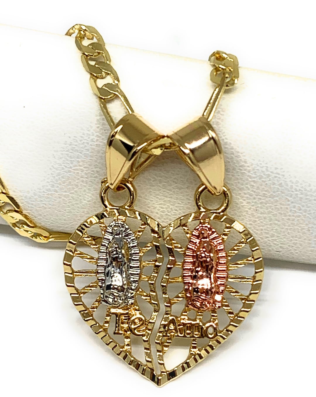 Gold Plated Yellow Rose Virgin Mary Heart & Christ te Amo Heart Split ...