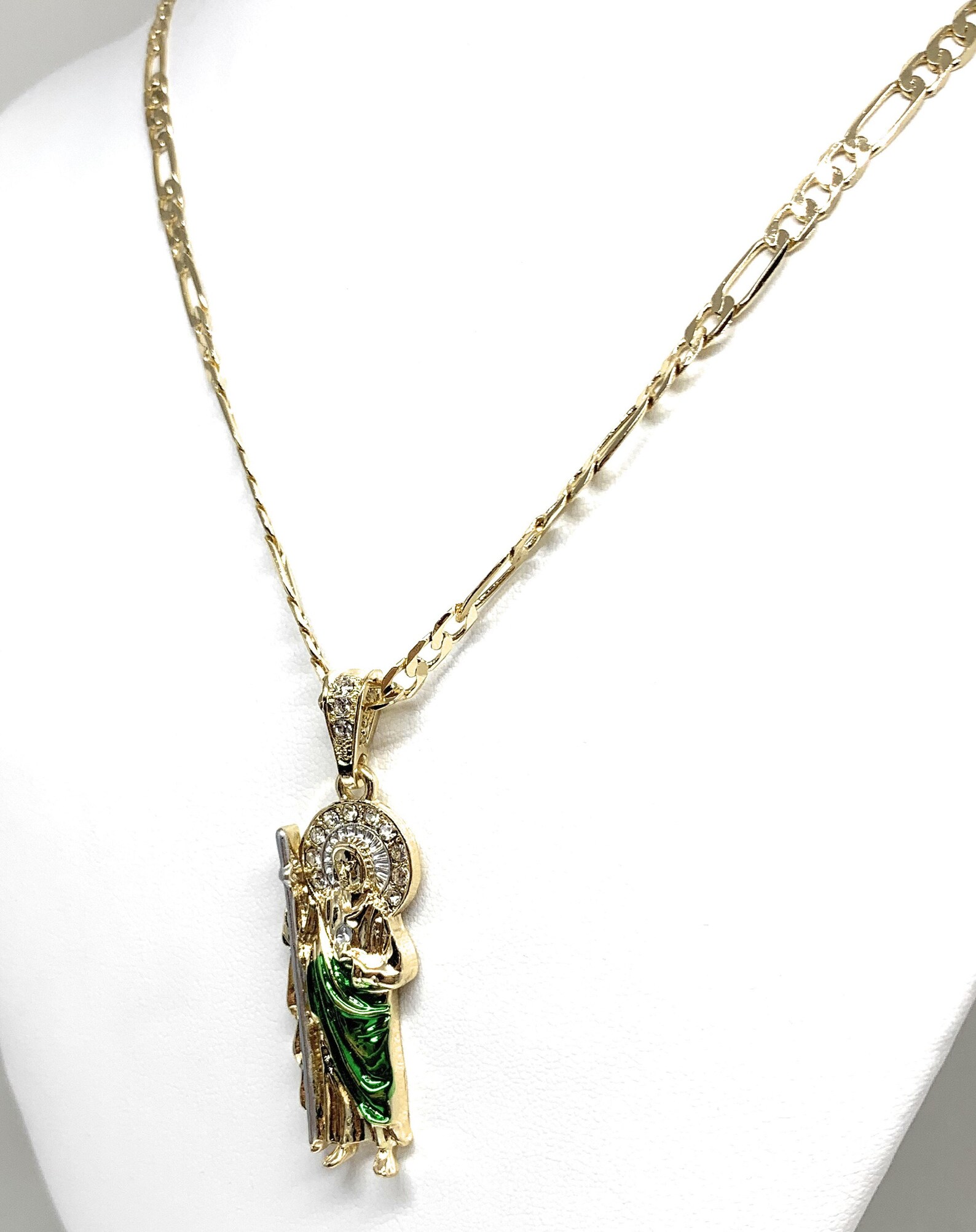 Gold Plated Saint Jude Pendant Green CZ Necklace 24 - Etsy