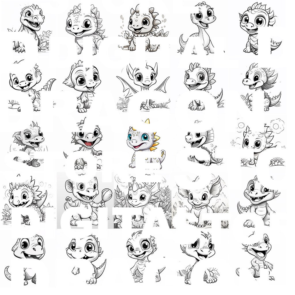 Baby Cute Dinosaur Animals, Instant Download - Grayscale Coloring Page ...