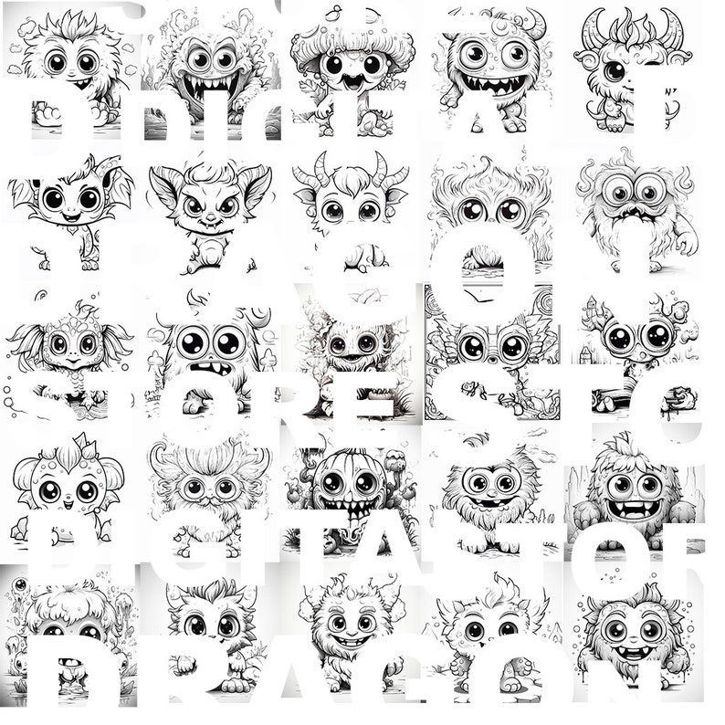 Baby Monsters, Instant Download - Grayscale Coloring Page for Kids ...