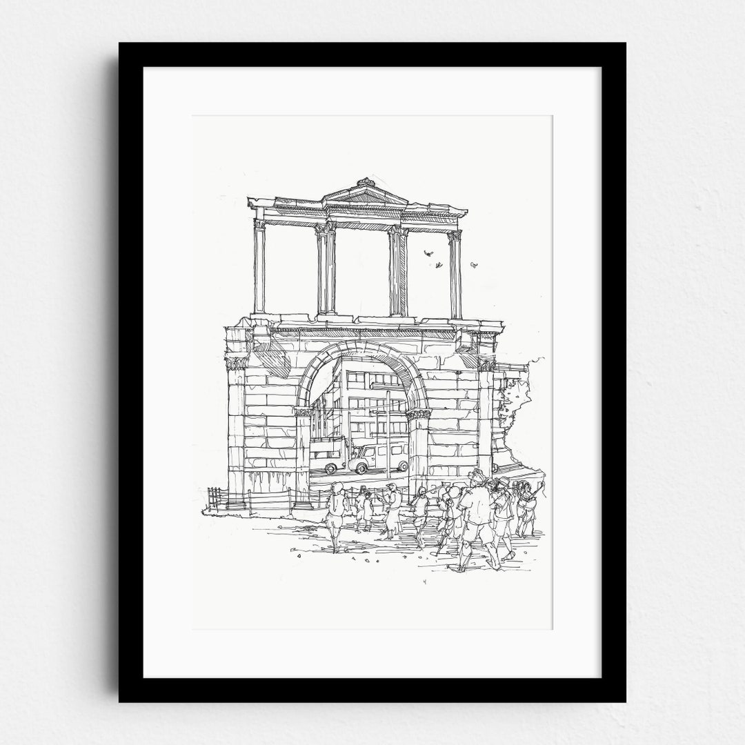 Arch of Hadrian Drawing | Athens Greece Print | Ancient Architecture ...