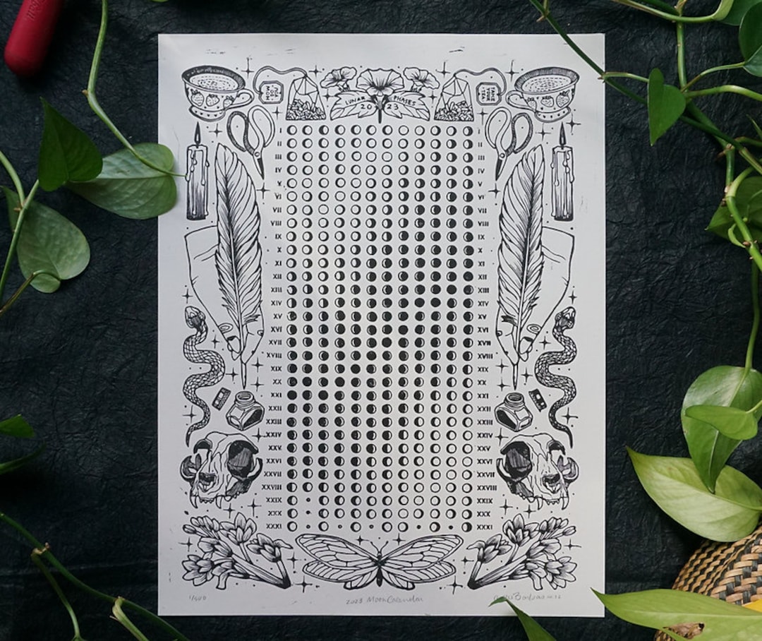 Moon Calendar 2023: Hand-carved, Hand-printed Linocut Blockprint - Etsy