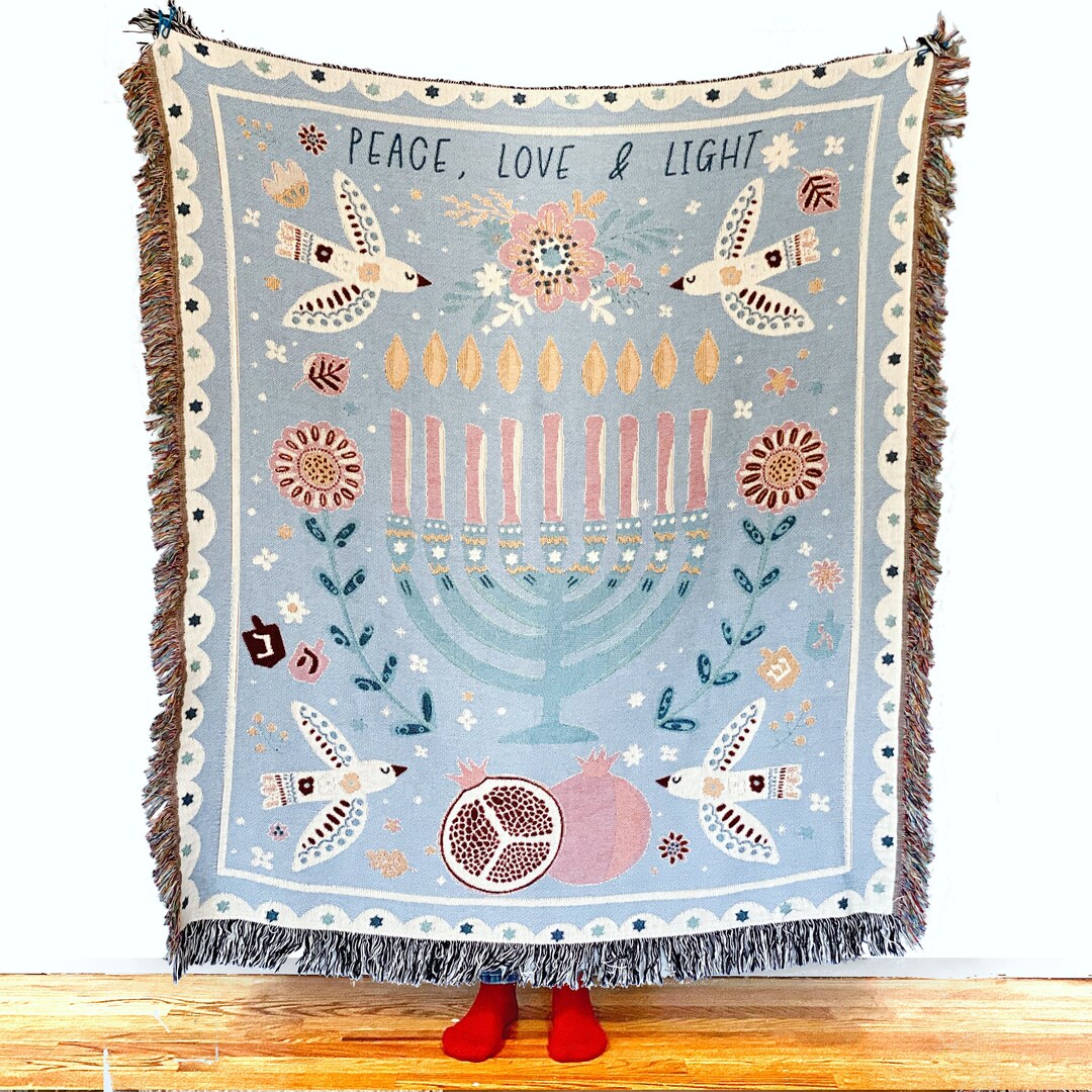 Personalized Menorah Woven Blanket, Judaica Home Blessing Gift, Jewish ...