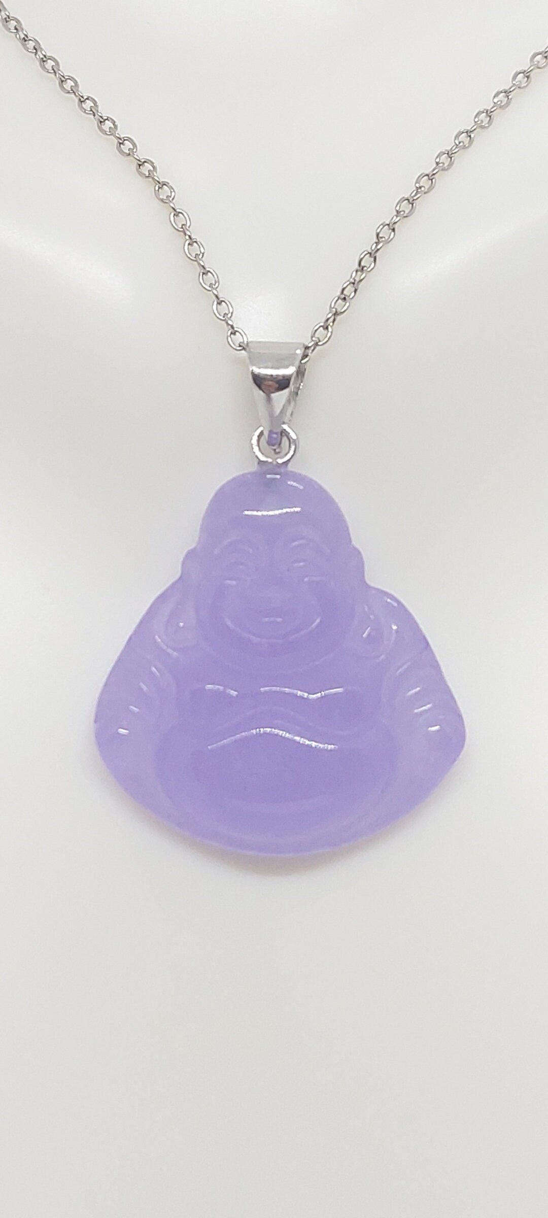 Lavender Jade 20x20mm Buddha in 925 Silver Pendant. 16 2 Inches Extended Chain Lavender Jade Lover. Lucky Buddha. Buddha Charm Pendant