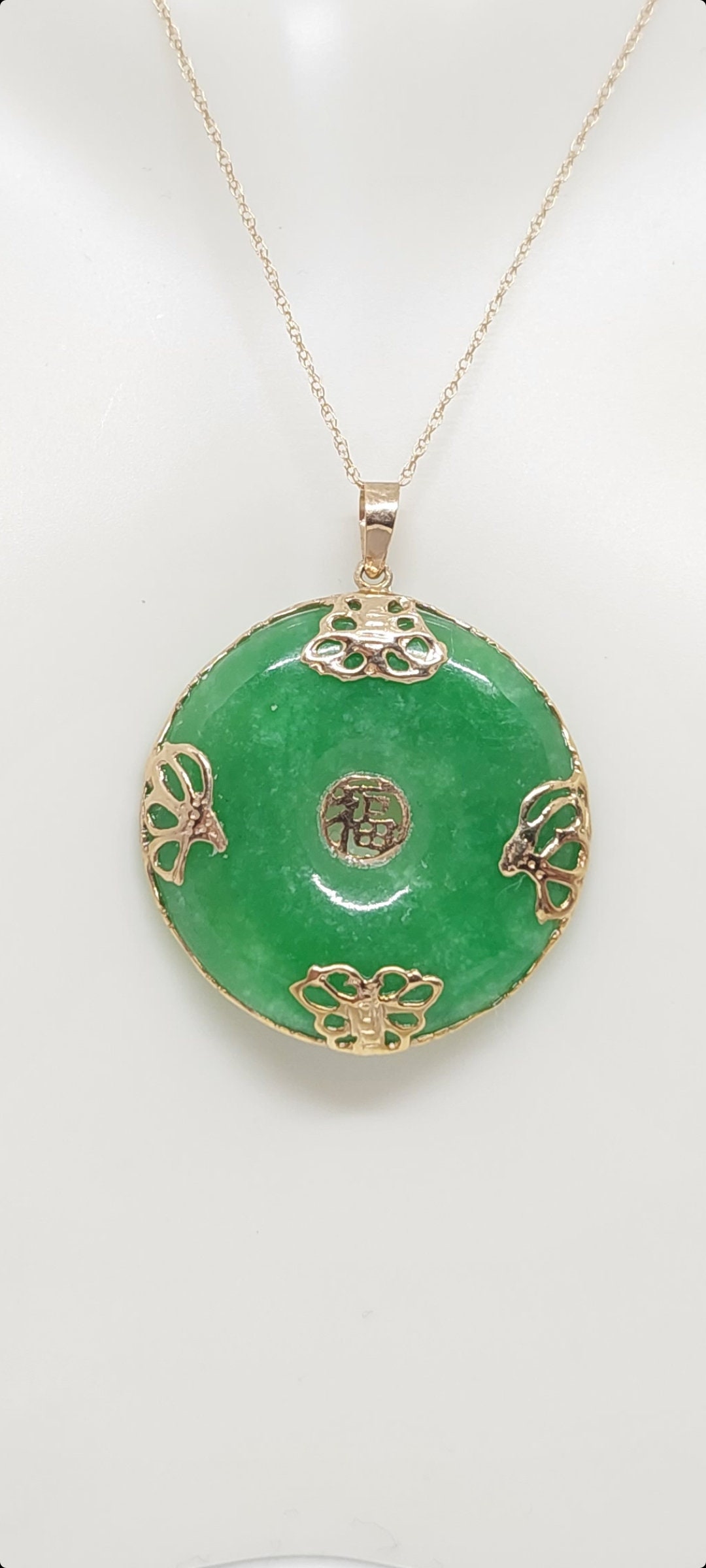 GREEN Jade Donut Luck "fu" 14K Yellow Gold Beautify Pendant With 18 Inches 14k Yellow Gold Rope ...