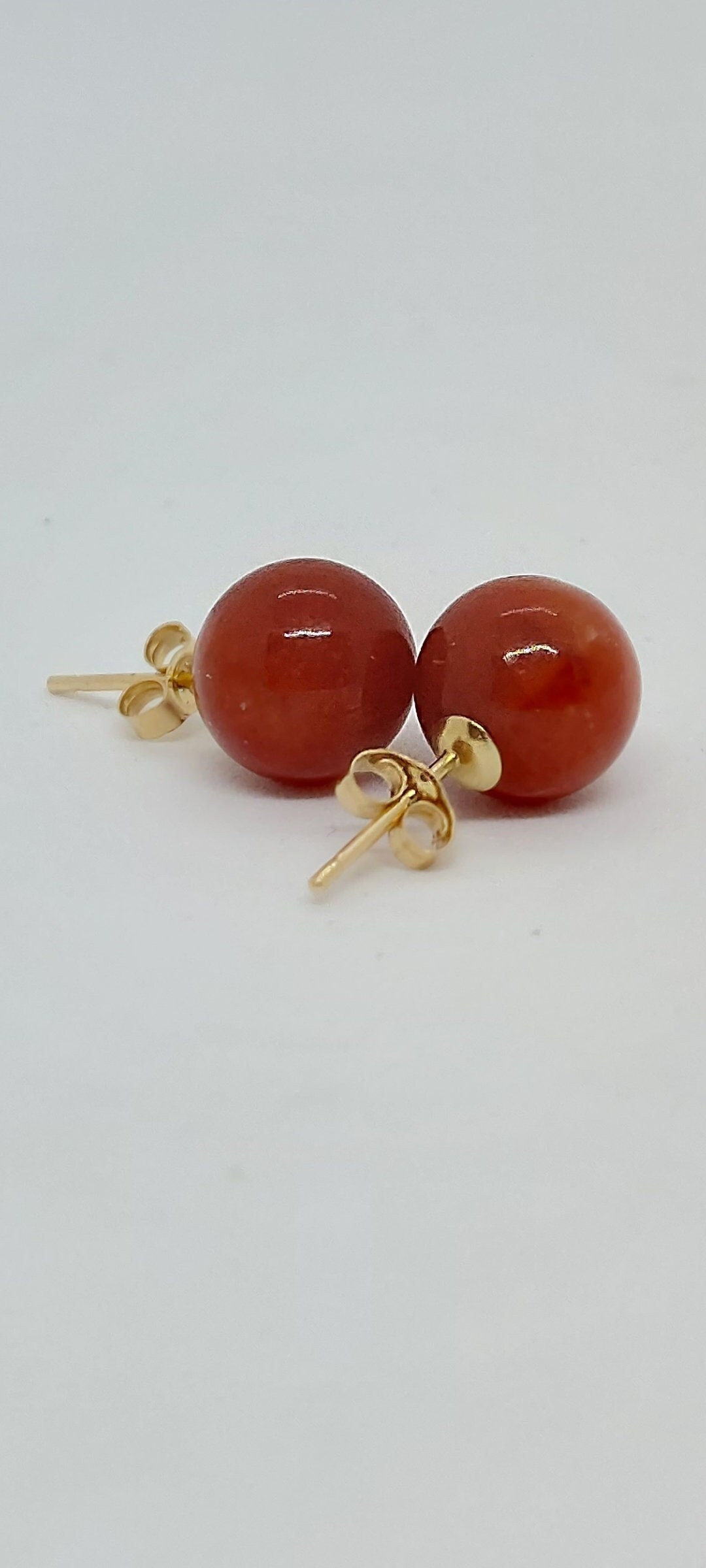 14K Yellow Gold 8mm RED Jade Pendant and Earring, 14K Yellow Gold Rope ...