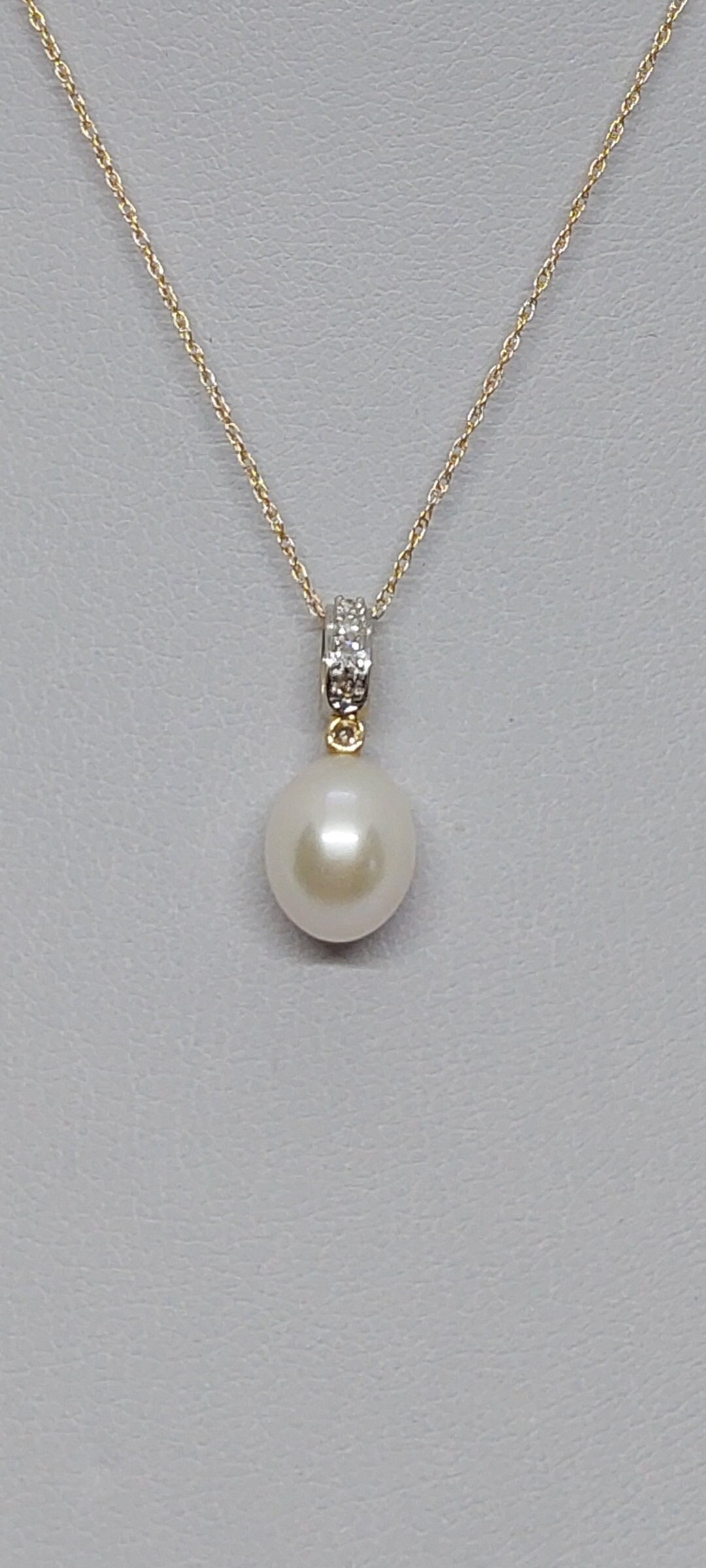 WHITE Pearl Diamond Pendant in 14k Yellow Gold Rope Chain. Drop ...