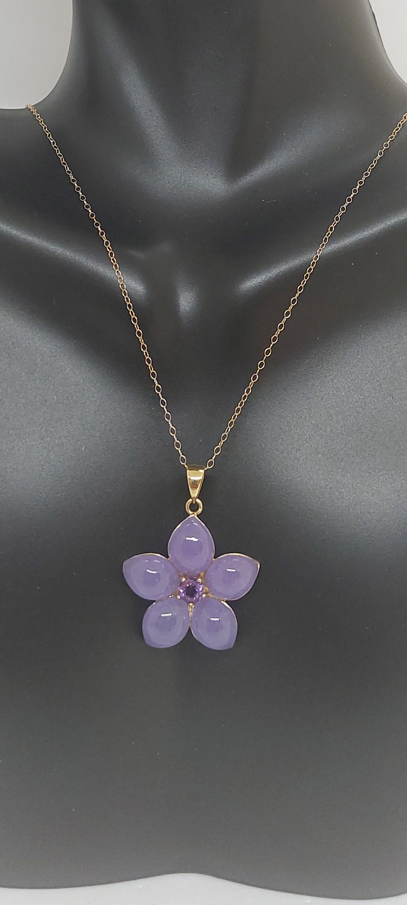 Lavender Jade Flower Pendant: Amethyst, 14k Yellow Gold Rope Chain - Etsy