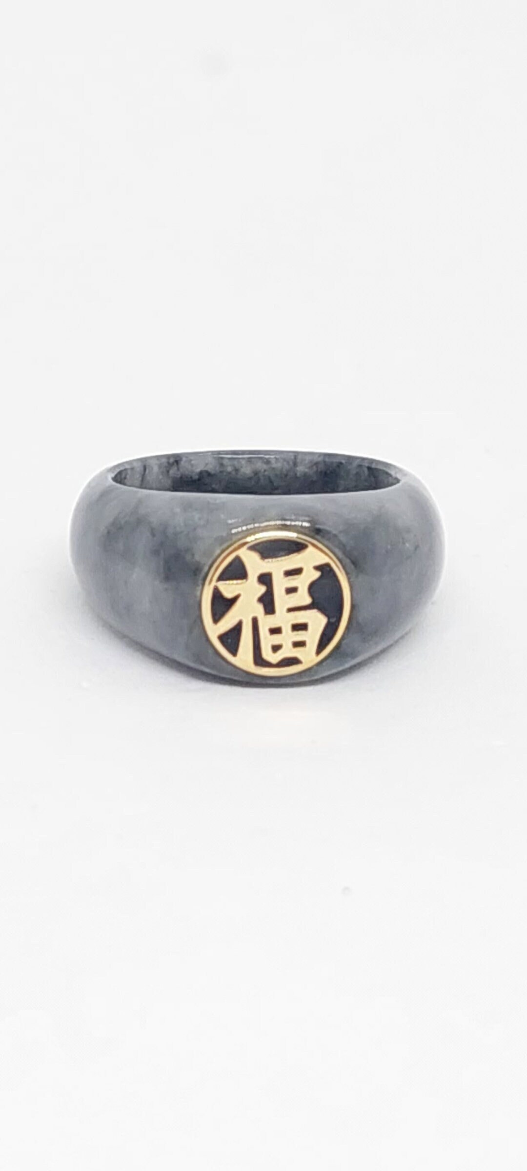Charcoal JADE 14k Yellow Gold Chinese Symbol Ring. Men / Women Ring ...