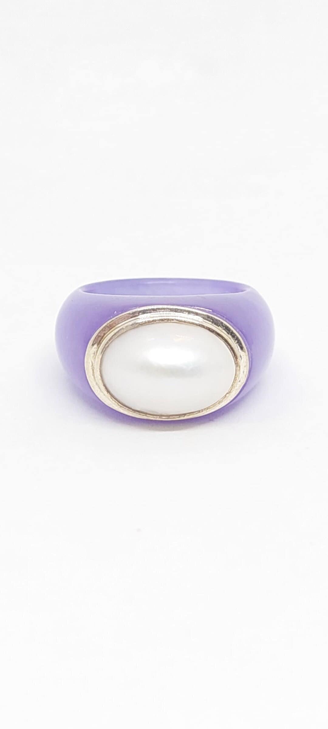 LAVENDER Jade Oval White Pearl Ring, Silver Jade Ring. Purple Jade and ...
