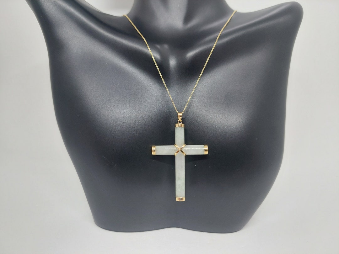 GREEN Jade LARGE Cross Natural Color Grade A Pendant/necklace in 14k ...