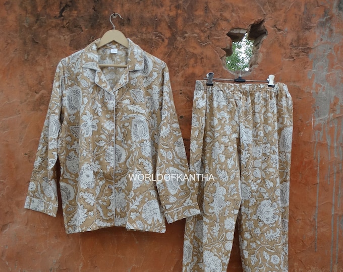 Indian Cotton Comfy Night Wear Pajama Set Beige Floral Print Long ...