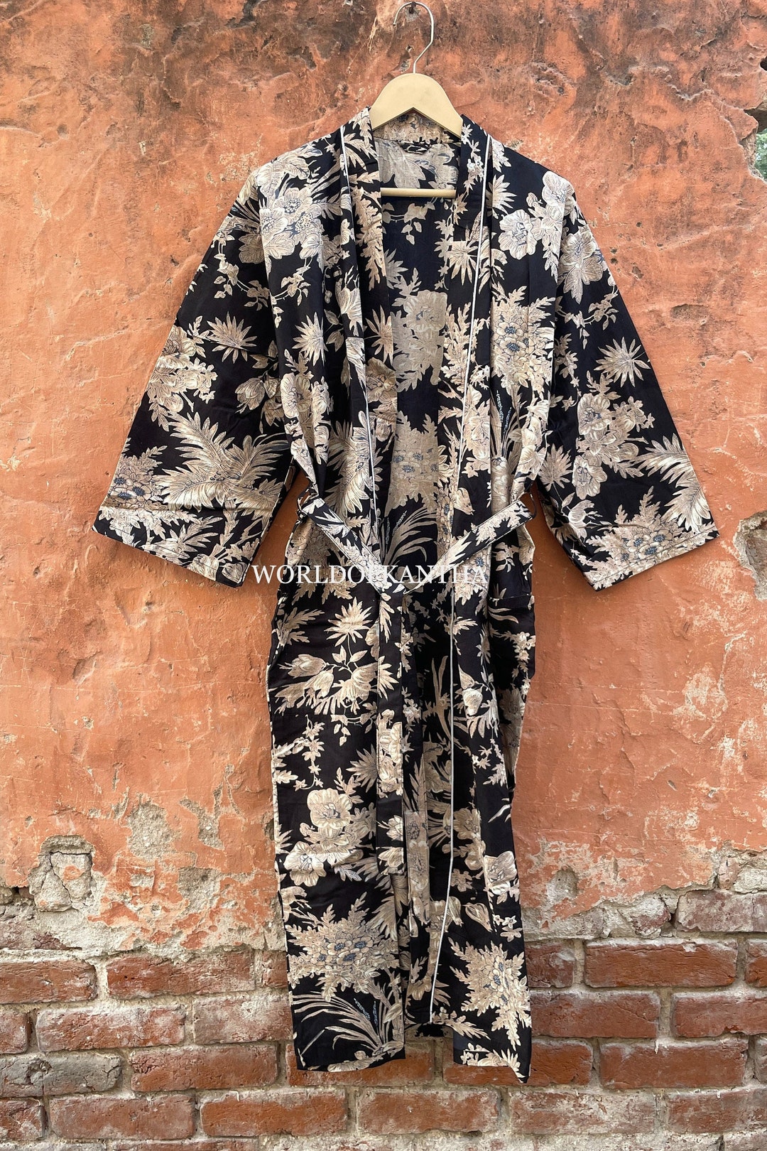 Cotton Kimono Robe Black Color Floral Hand Print Kimono, Summer Wear ...