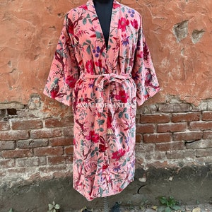 Indian Cotton Robe Gift Baby Pink Joy Red Exotic Bird House Robe Kimono ...