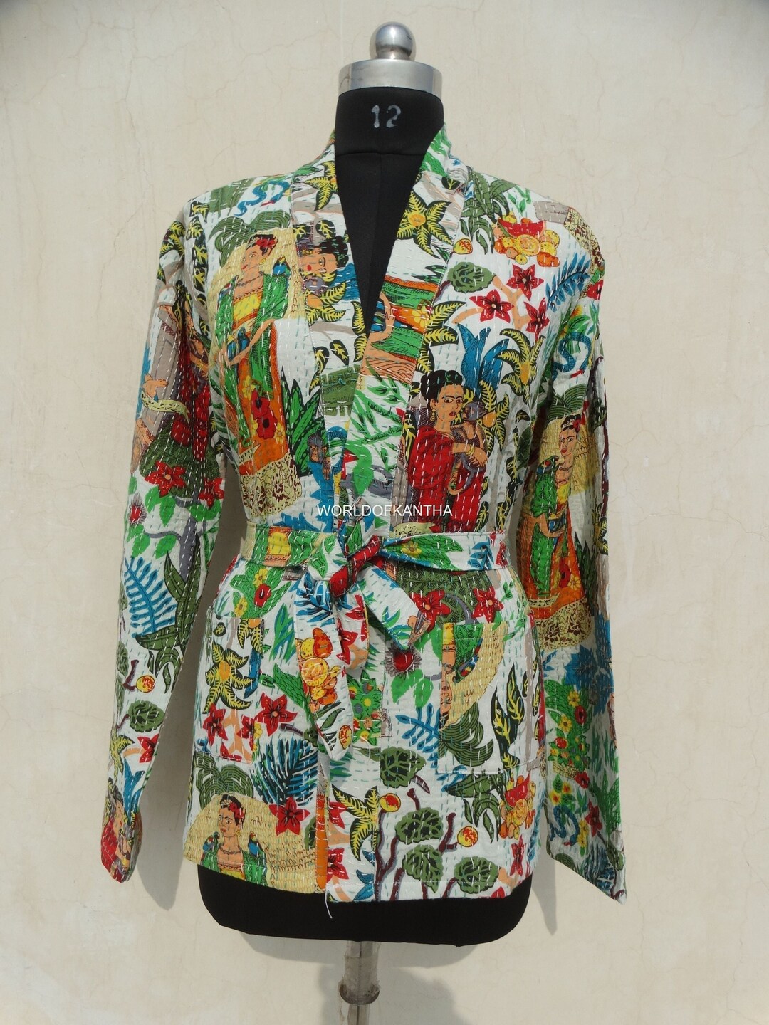Indian Cotton Jackets, Frida Kahlo Print Jacket With Belt, Quilted Jacket, Overcoat, Kantha ...