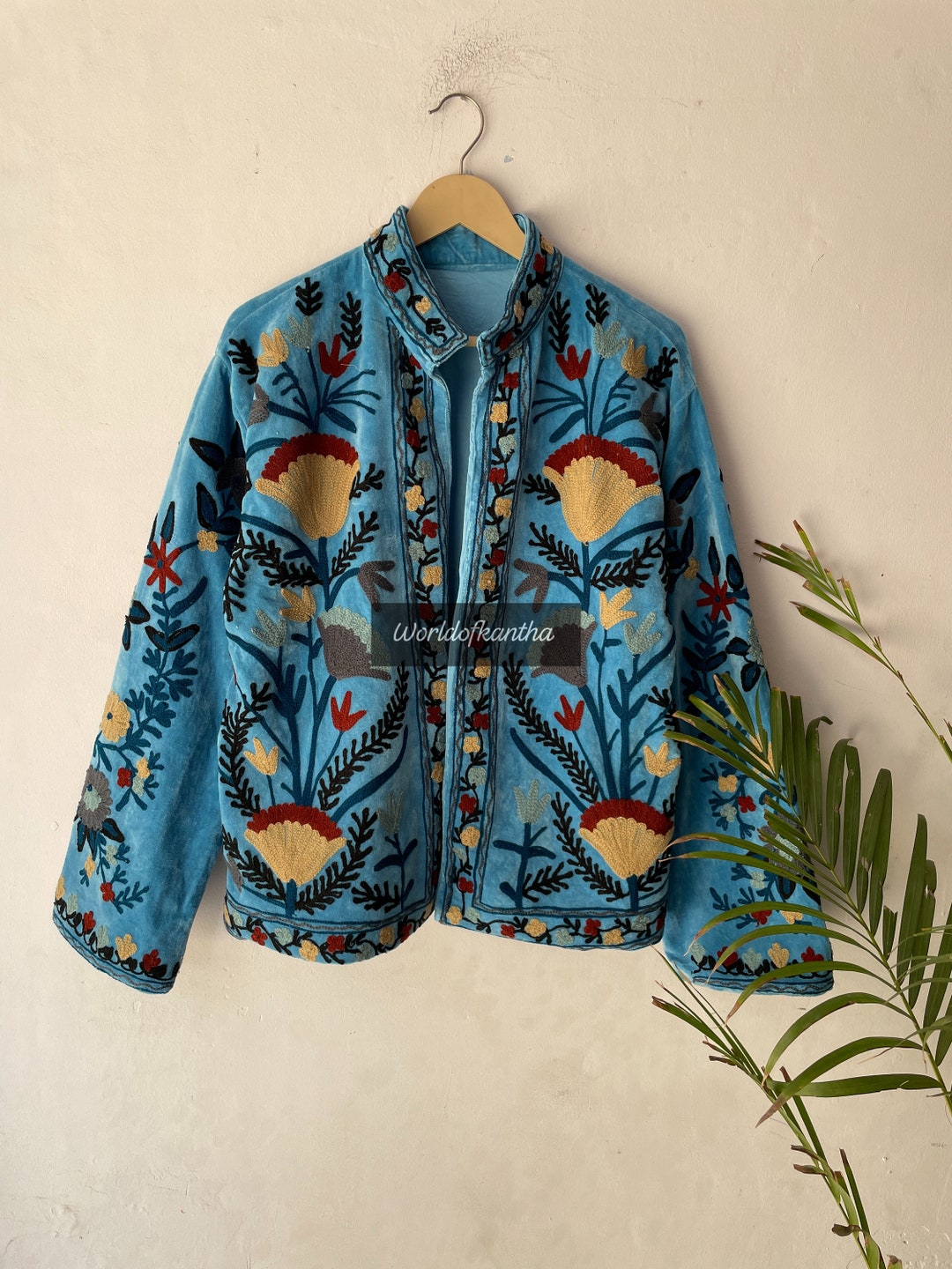 Velvet Fabric Jacket, Floral Embroidery Short Jacket, Handmade Winter ...