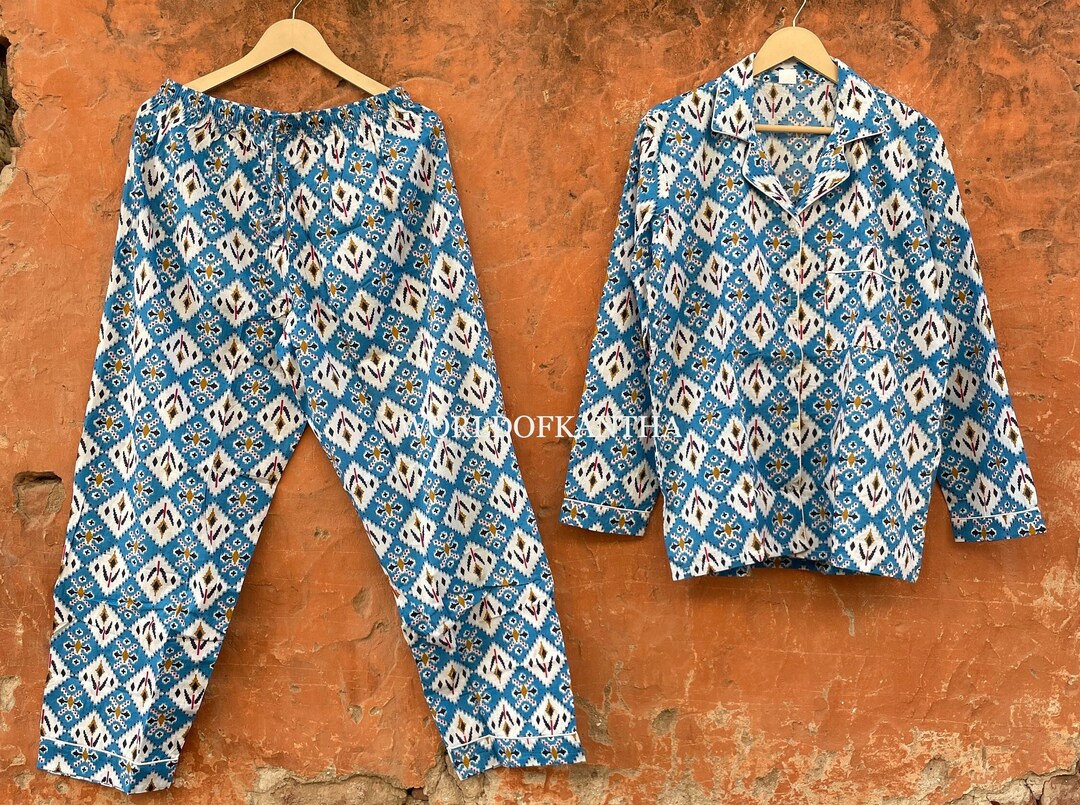 Cotton Geometric Night Suit Indian Pyjamas Set Nightwear Pure Cotton ...