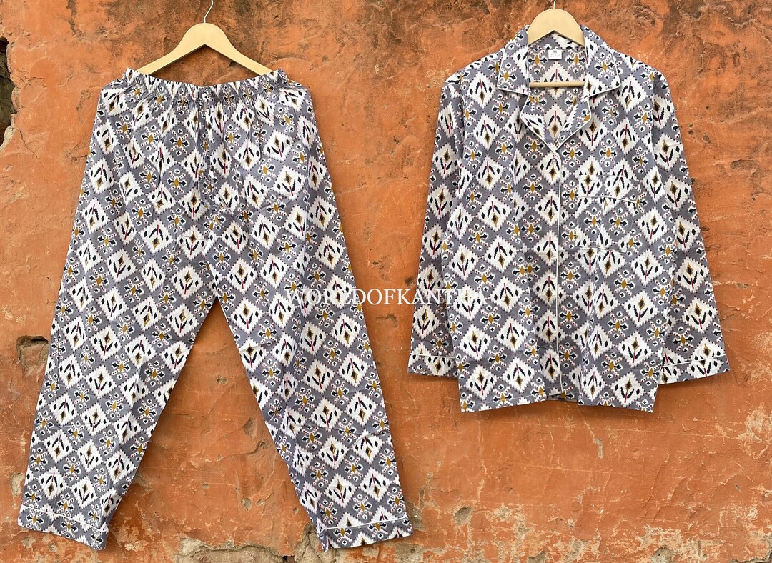 Cotton Geometric Night Suit Indian Pyjamas Set Nightwear Pure Cotton ...