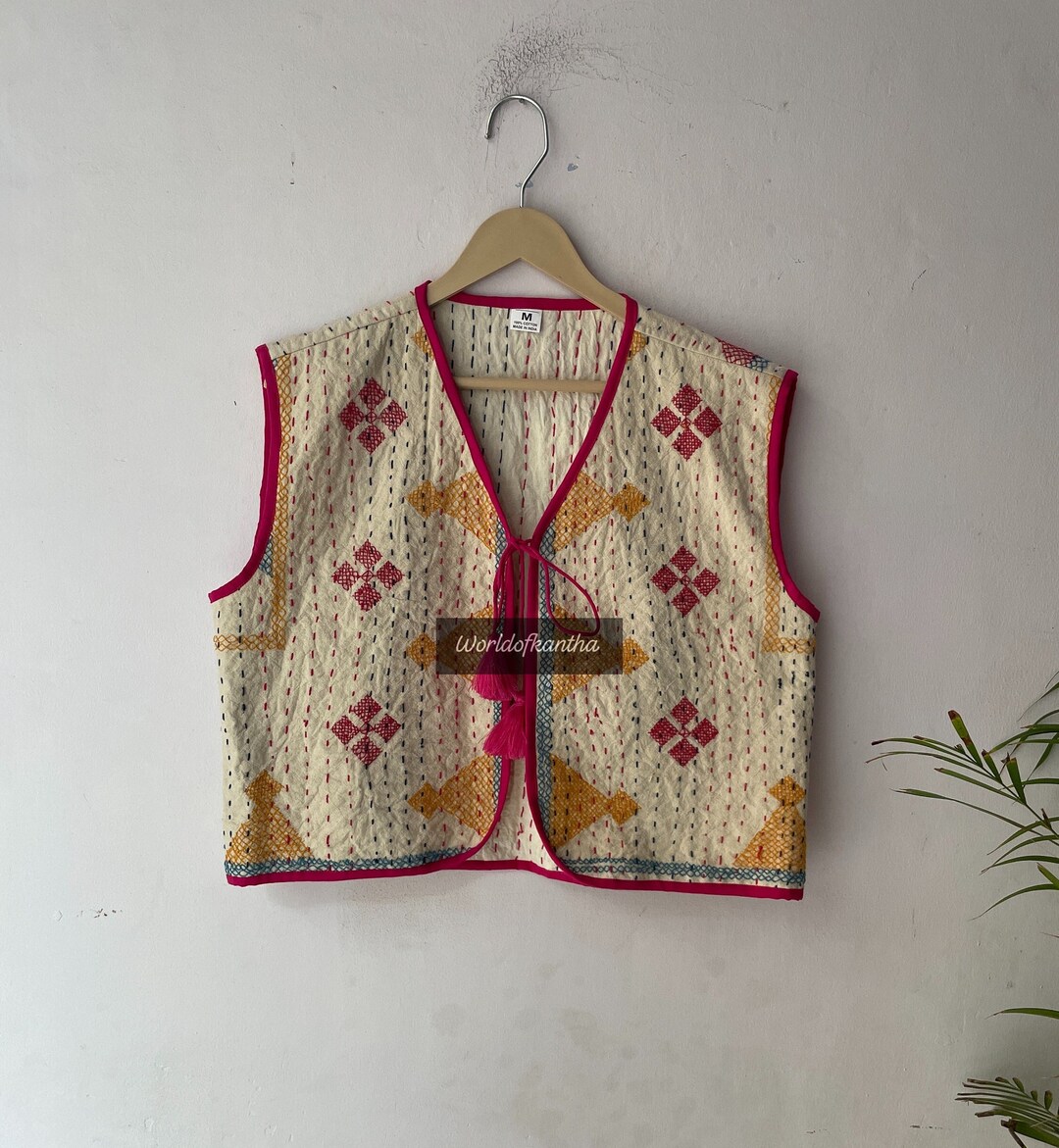 Cotton Hand Kantha Embroidery Vest Coat Jacket, Unisex Handmade Suzani ...