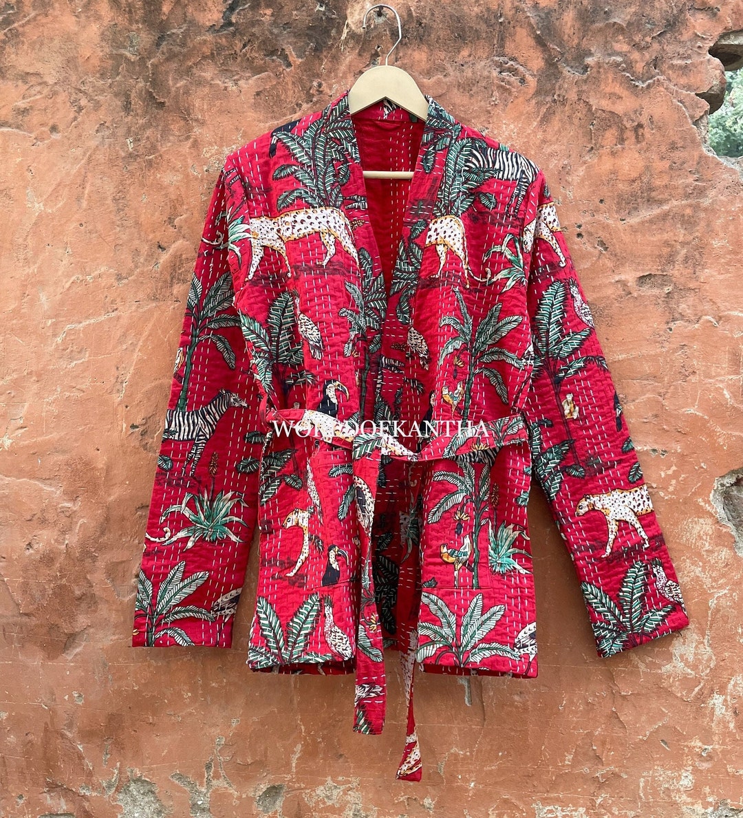 Jungle Safari Printed Red Handmade Quilted Jacket, Bohemian Style ...
