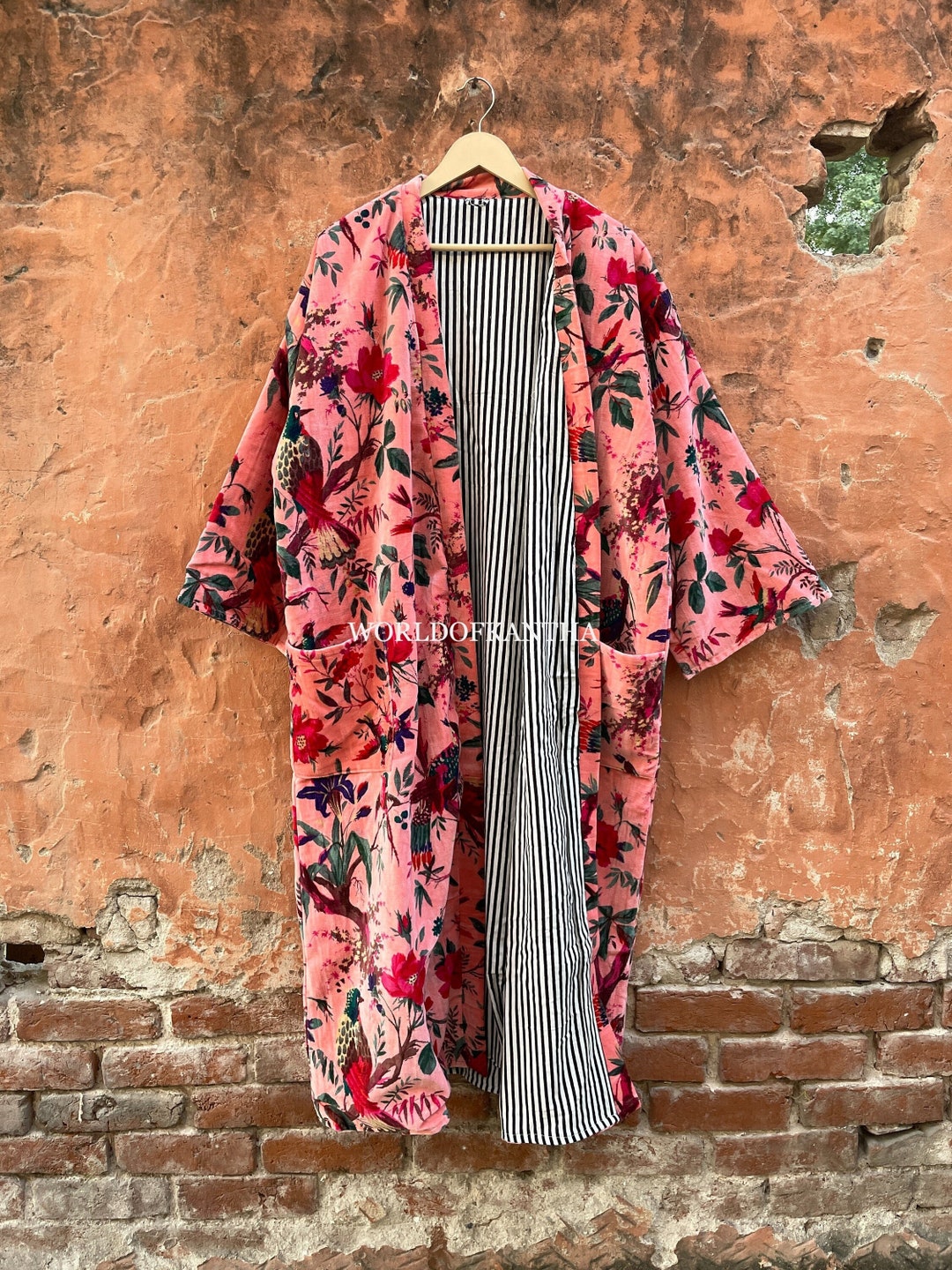 Indian Cotton Robe Gift Baby Pink Joy Red Exotic Bird House Robe Kimono ...