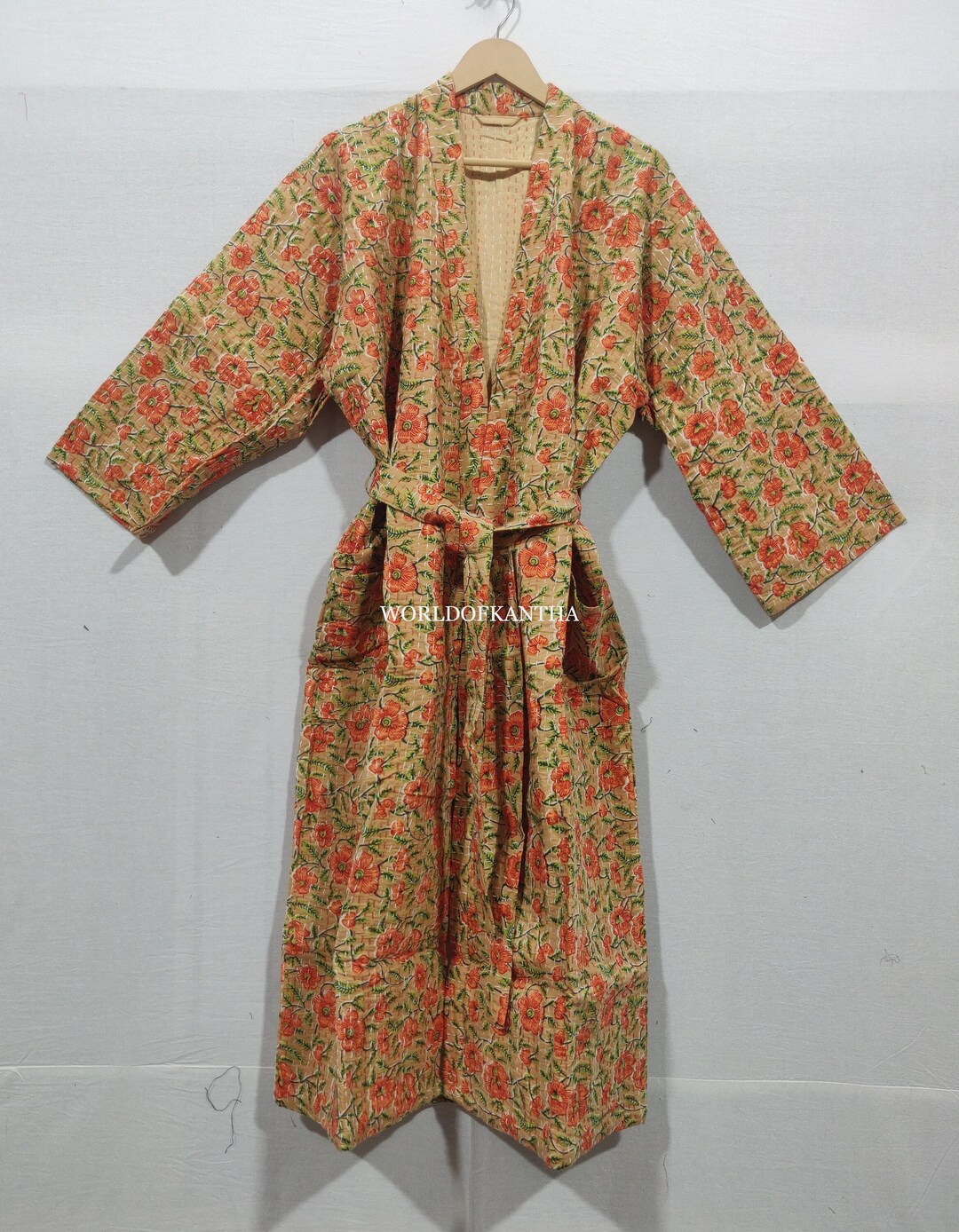 Indian Kantha Kimono Long Kantha Beach Wear Cotton Robe Floral Kimono ...