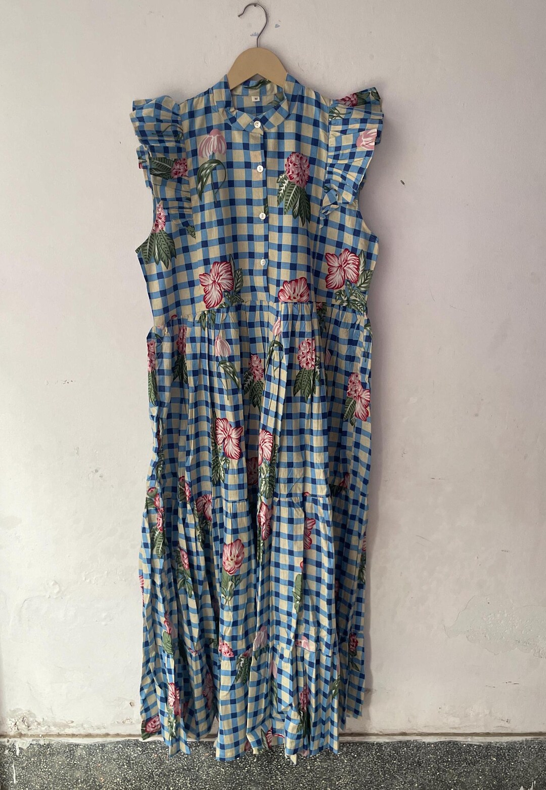 Cotton Floral Handmade Summer Dress, Floral Print Dress Gown, Checks ...