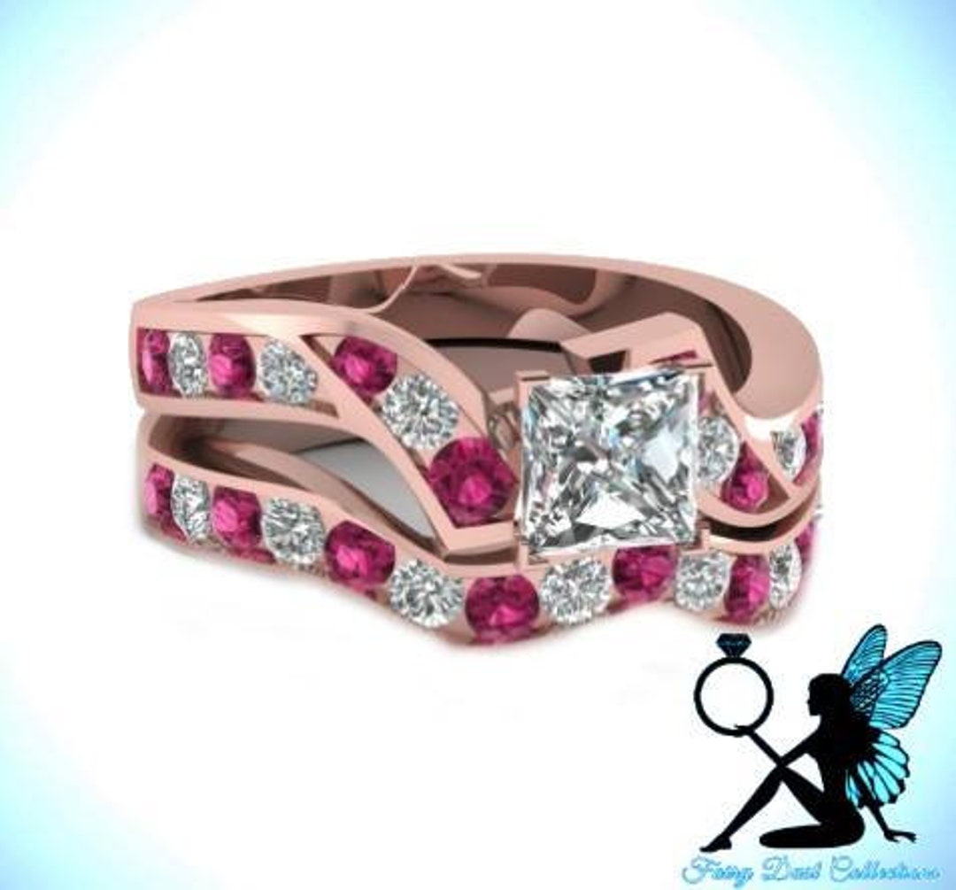 Vintage Ruby and Diamond Princess Cut Engagement Ring Set - Etsy