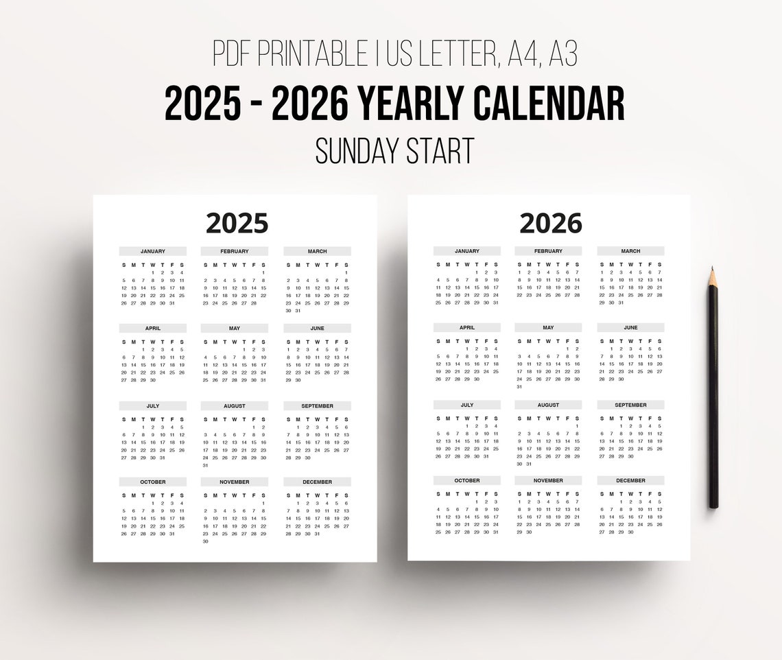 Printable 2025 2026 Yearly Calendar - Monday & Sunday Start - Etsy