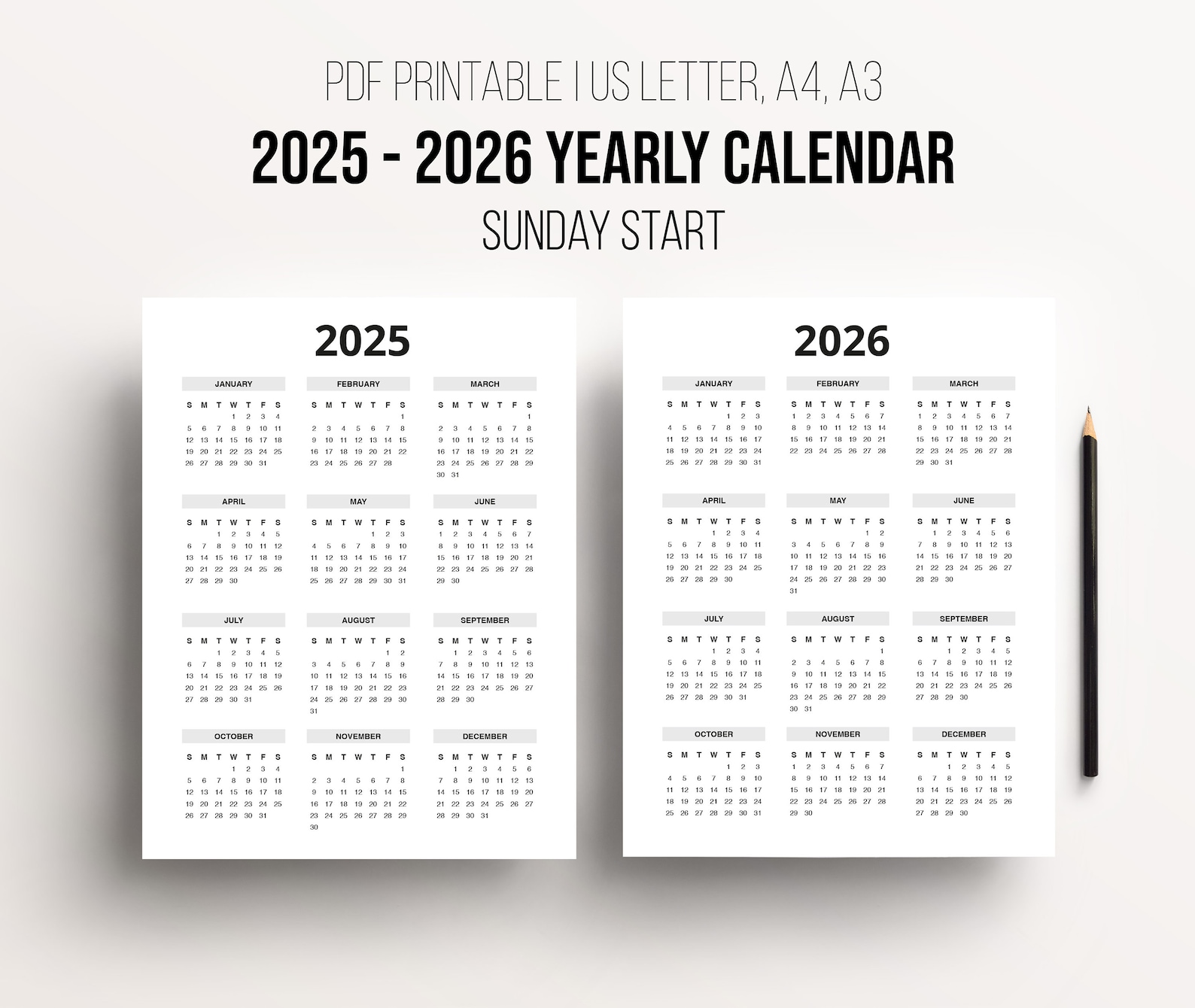 Printable 2025 2026 Yearly Calendar Monday & Sunday Start - Etsy