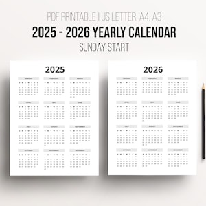 Printable 2025 2026 Yearly Calendar Monday & Sunday Start - Etsy