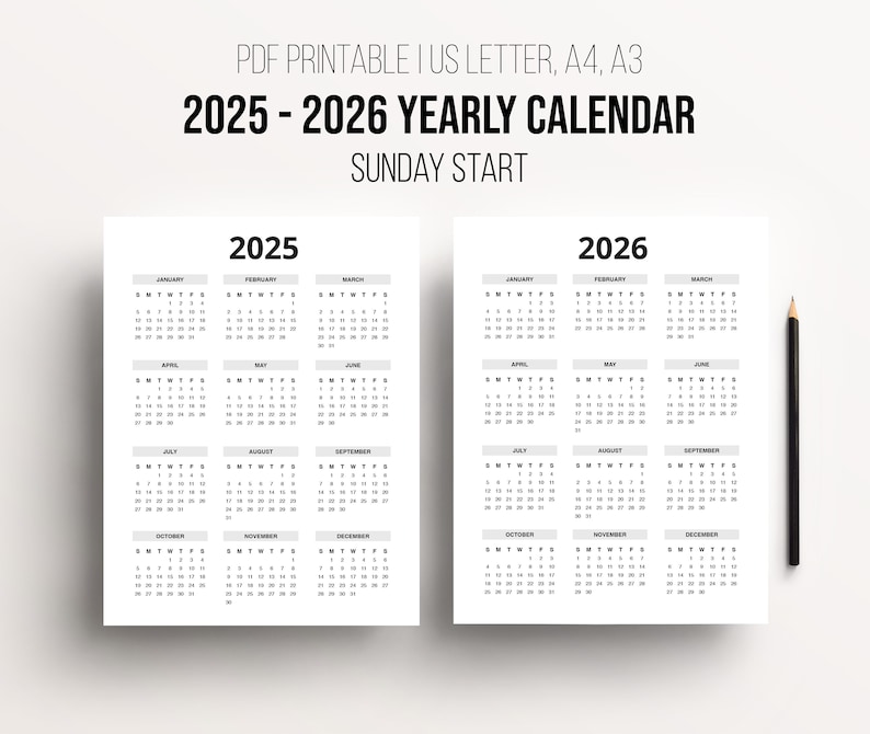 Printable 2025 2026 Yearly Calendar Monday & Sunday Start - Etsy