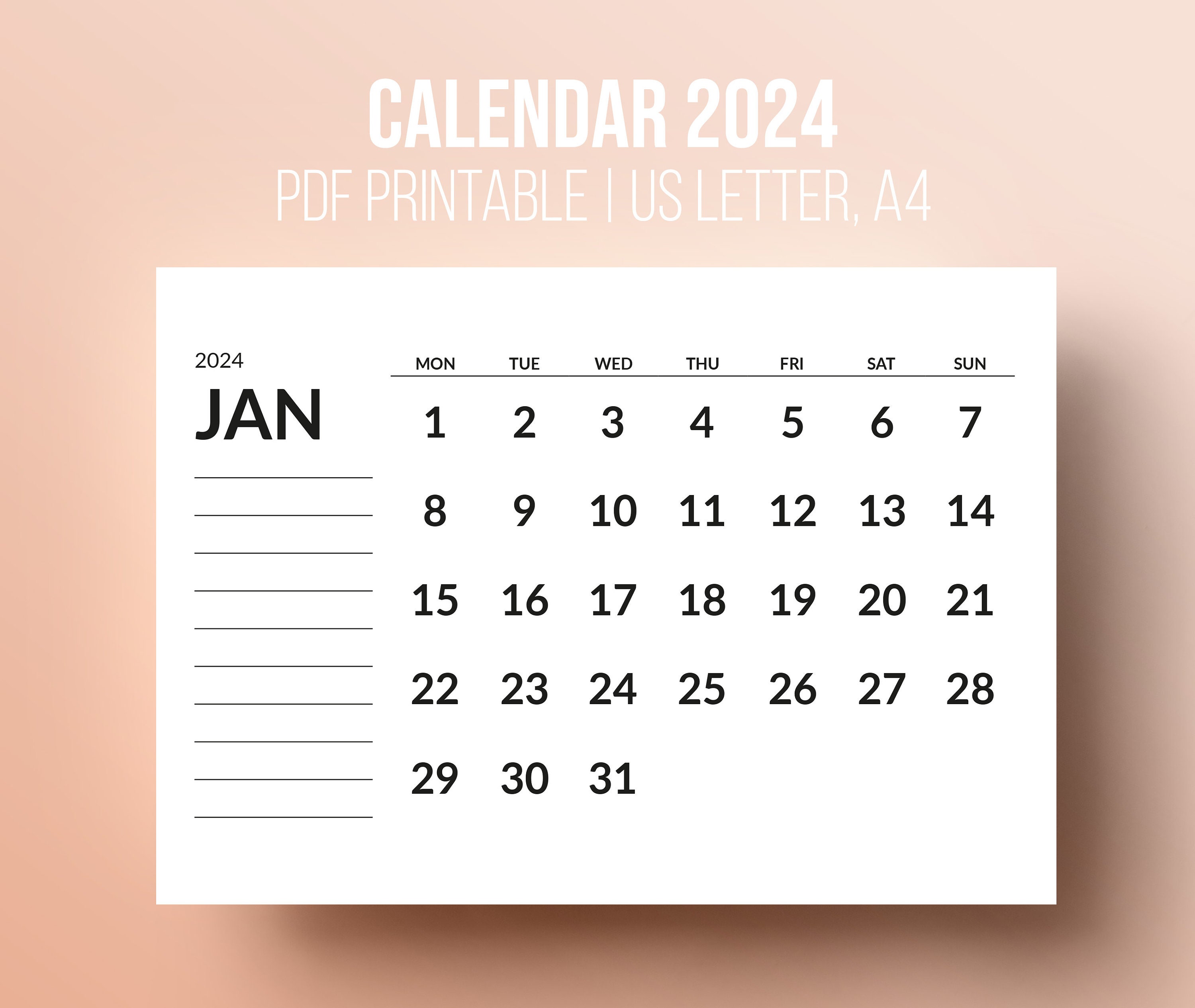 2024 Monthly Calendar With Notes, Printable Template, Minimalist ...