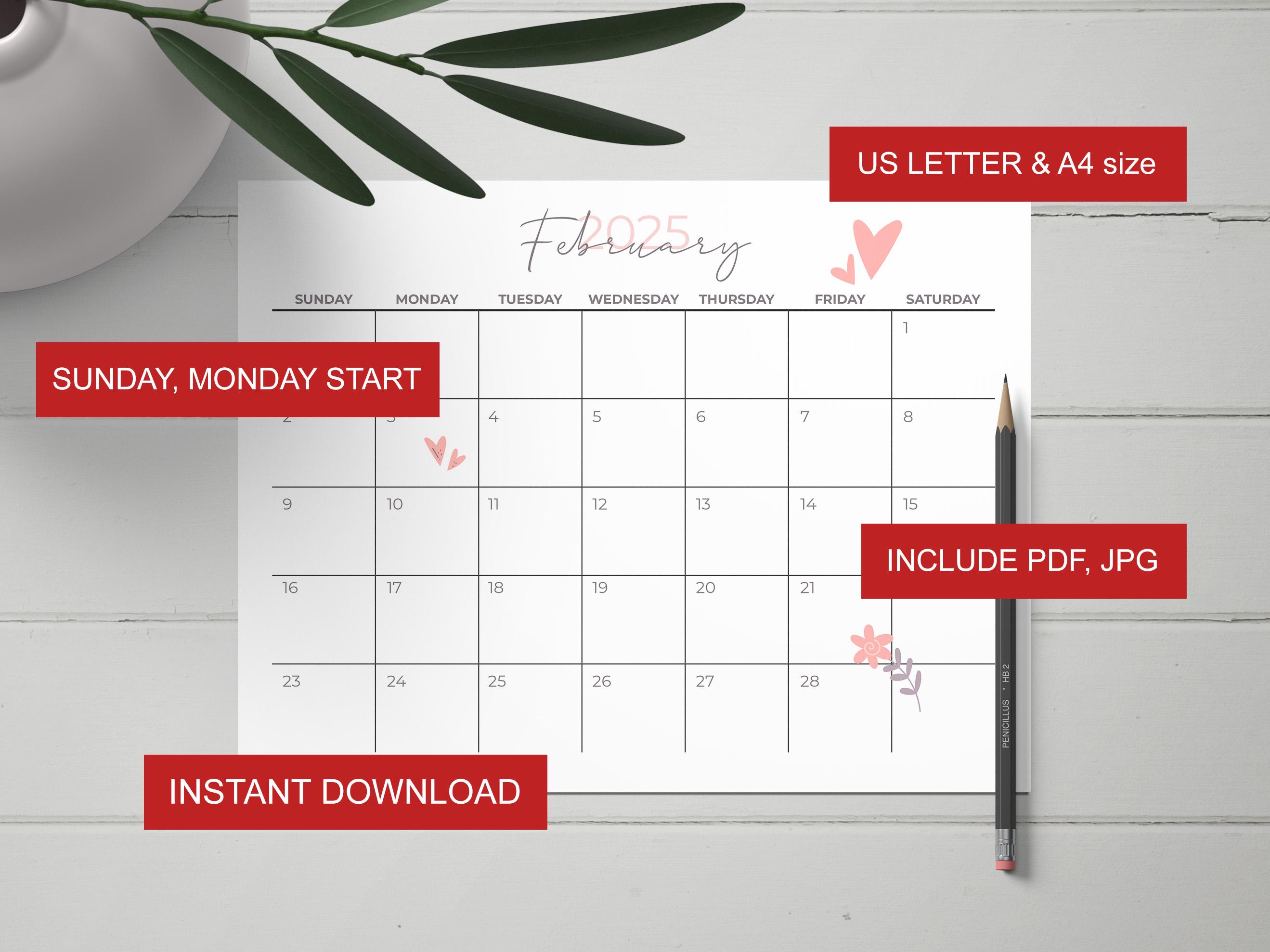 February 2025 Calendar Printable Monday & Sunday Start Minimalist PDF ...