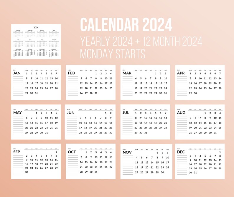 2024 Monthly Calendar With Notes, Printable Template, Minimalist ...