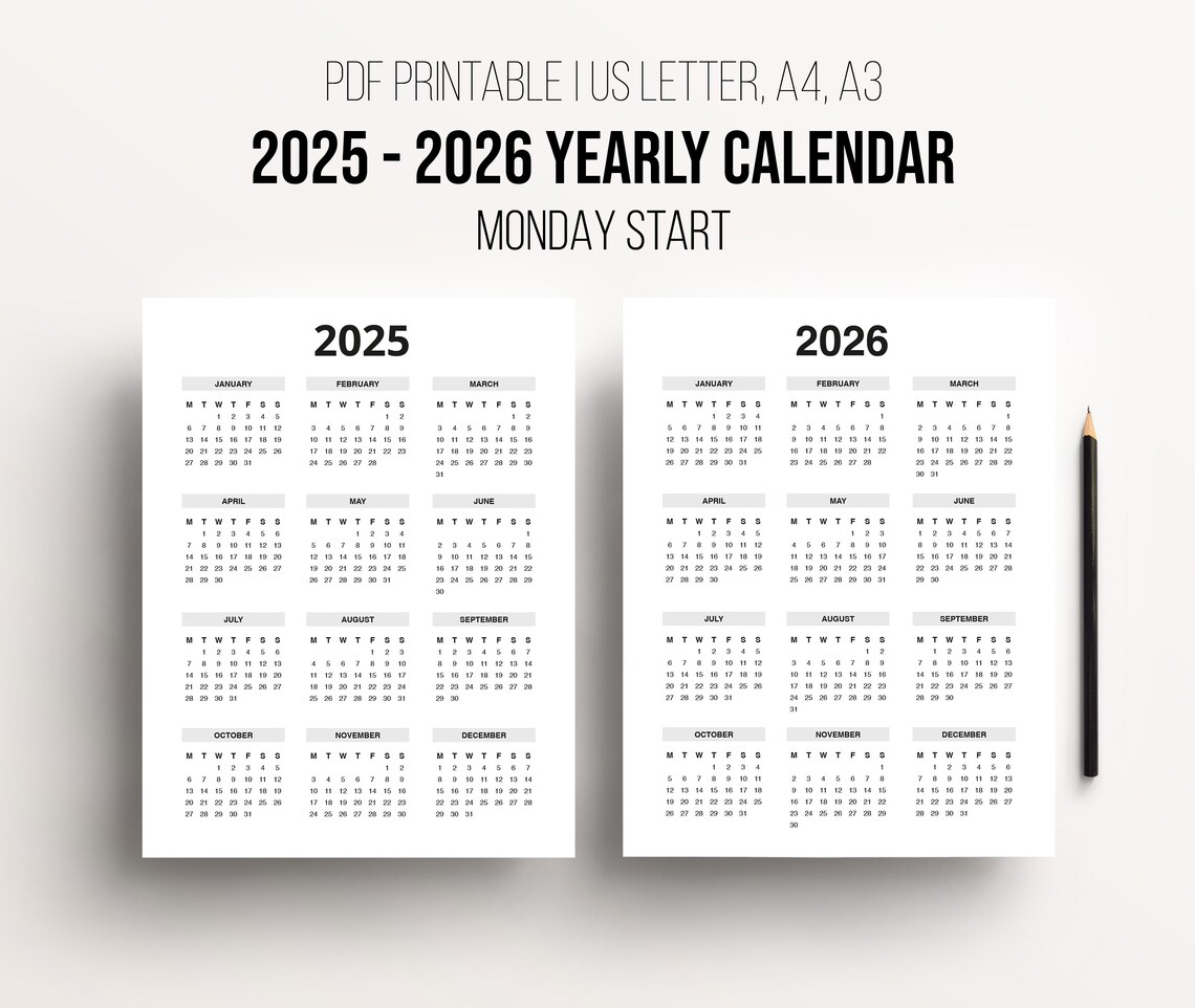 Printable 2025 2026 Yearly Calendar Monday & Sunday Start - Etsy
