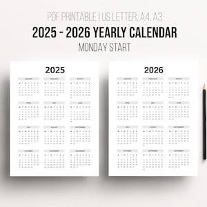 Printable 2025 2026 Yearly Calendar Monday & Sunday Start - Etsy