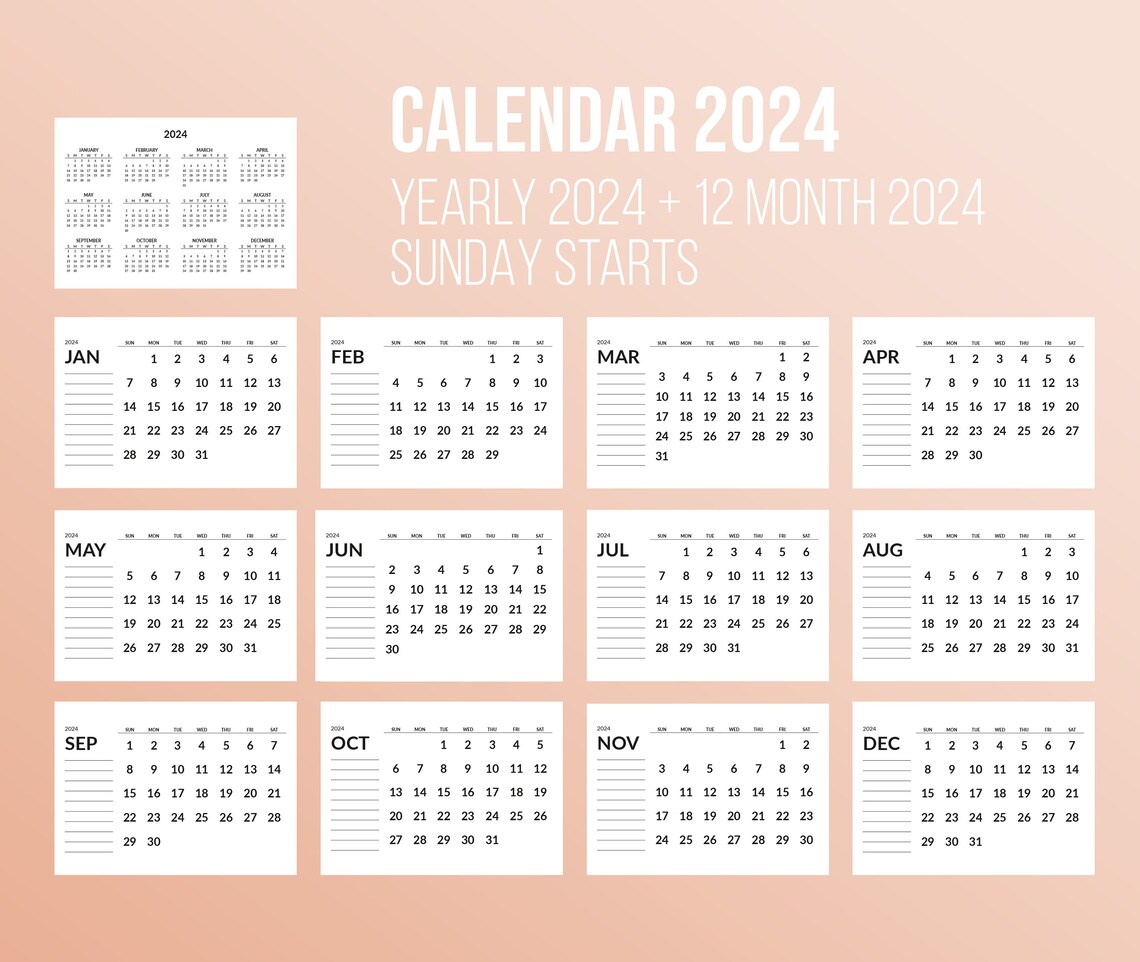 2024 Monthly Calendar With Notes, Printable Template, Minimalist ...