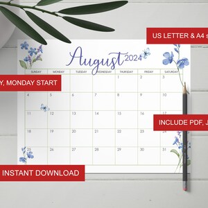 Printable August 2024 Calendar With Blue Flowers, Instant Download - Etsy