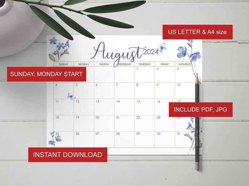 Printable August 2024 Calendar With Blue Flowers, Instant Download - Etsy