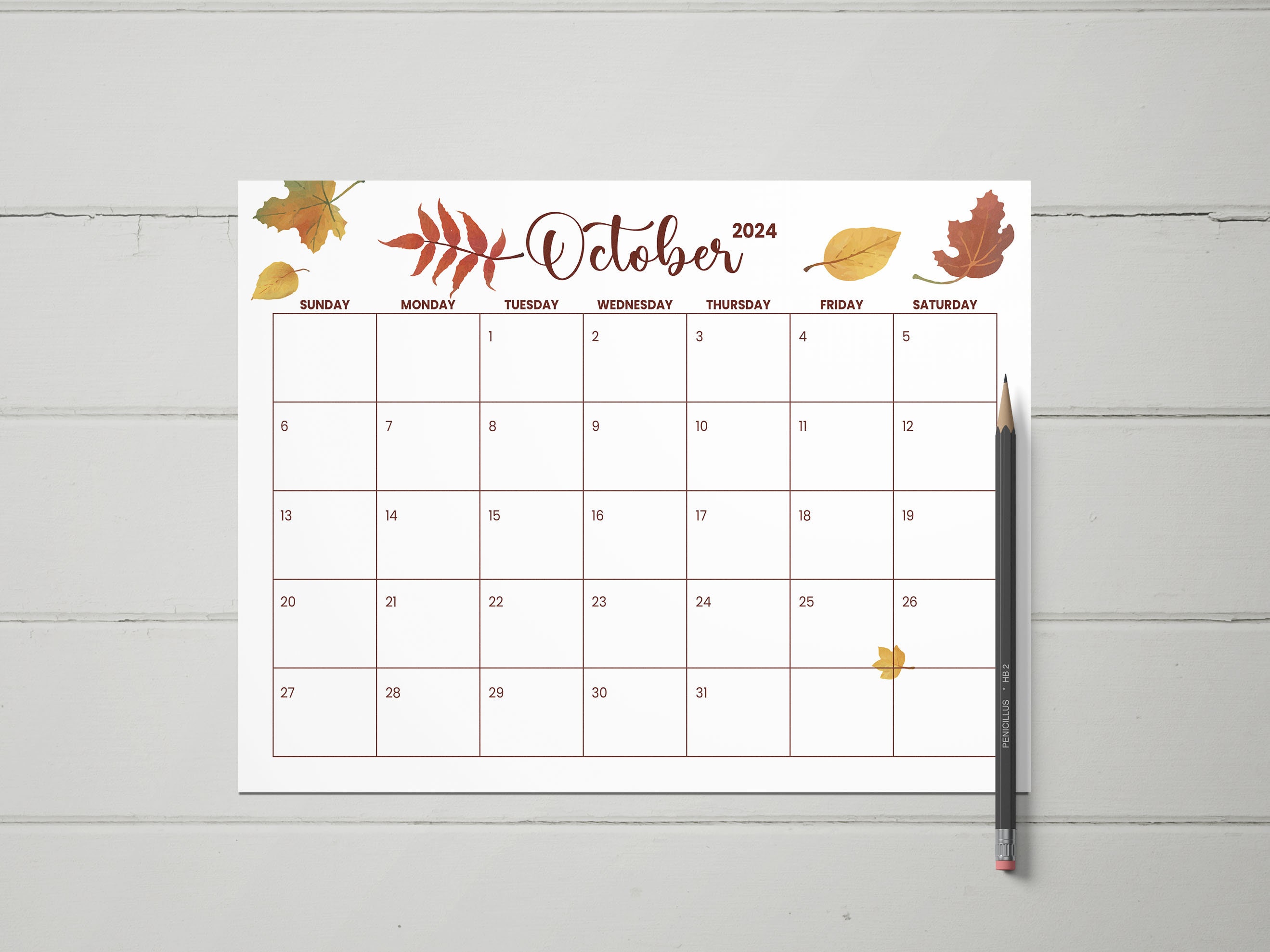 October 2024 Calendar Printable, Autumn Leaves, Sunday & Monday Start ...