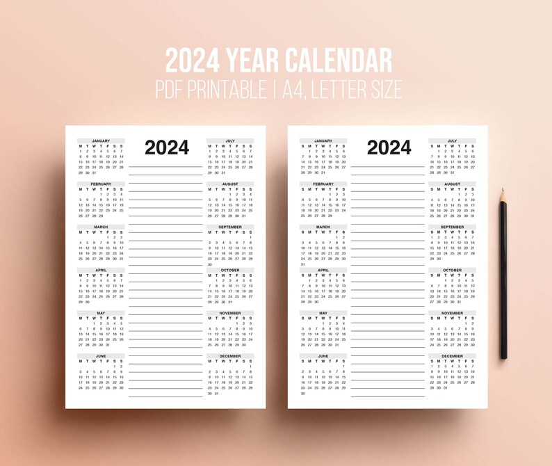 2024 Monthly Calendar Printable, Yearly Calendar Template, Instant Download, A4 and Letter Sizes ...
