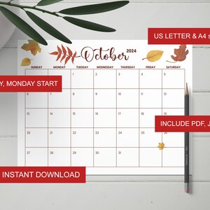 October 2024 Calendar Printable, Autumn Leaves, Sunday & Monday Start ...