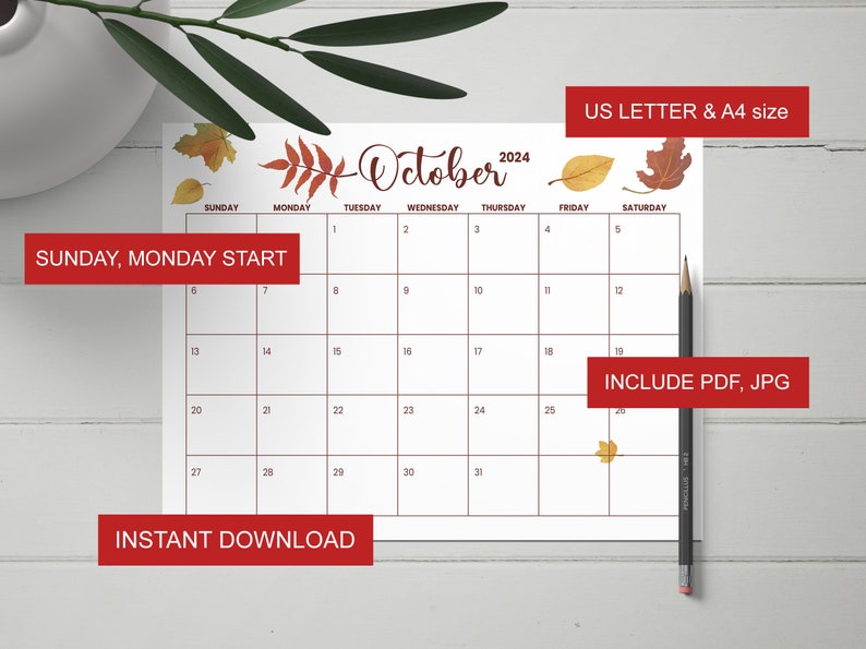 October 2024 Calendar Printable, Autumn Leaves, Sunday & Monday Start ...