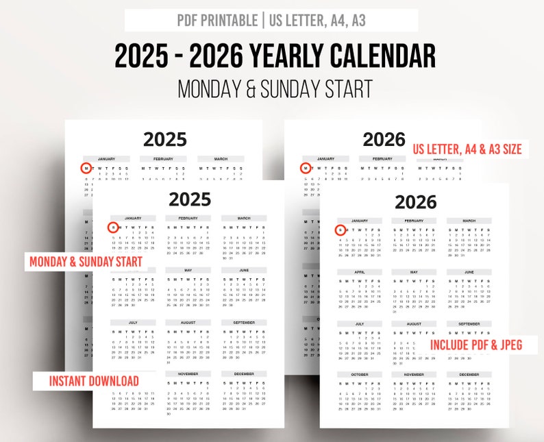 Printable 2025 2026 Yearly Calendar - Monday & Sunday Start - Etsy