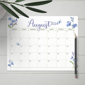 Printable August 2024 Calendar With Blue Flowers, Instant Download - Etsy