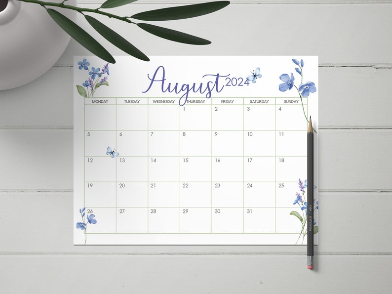 Printable August 2024 Calendar With Blue Flowers, Instant Download - Etsy