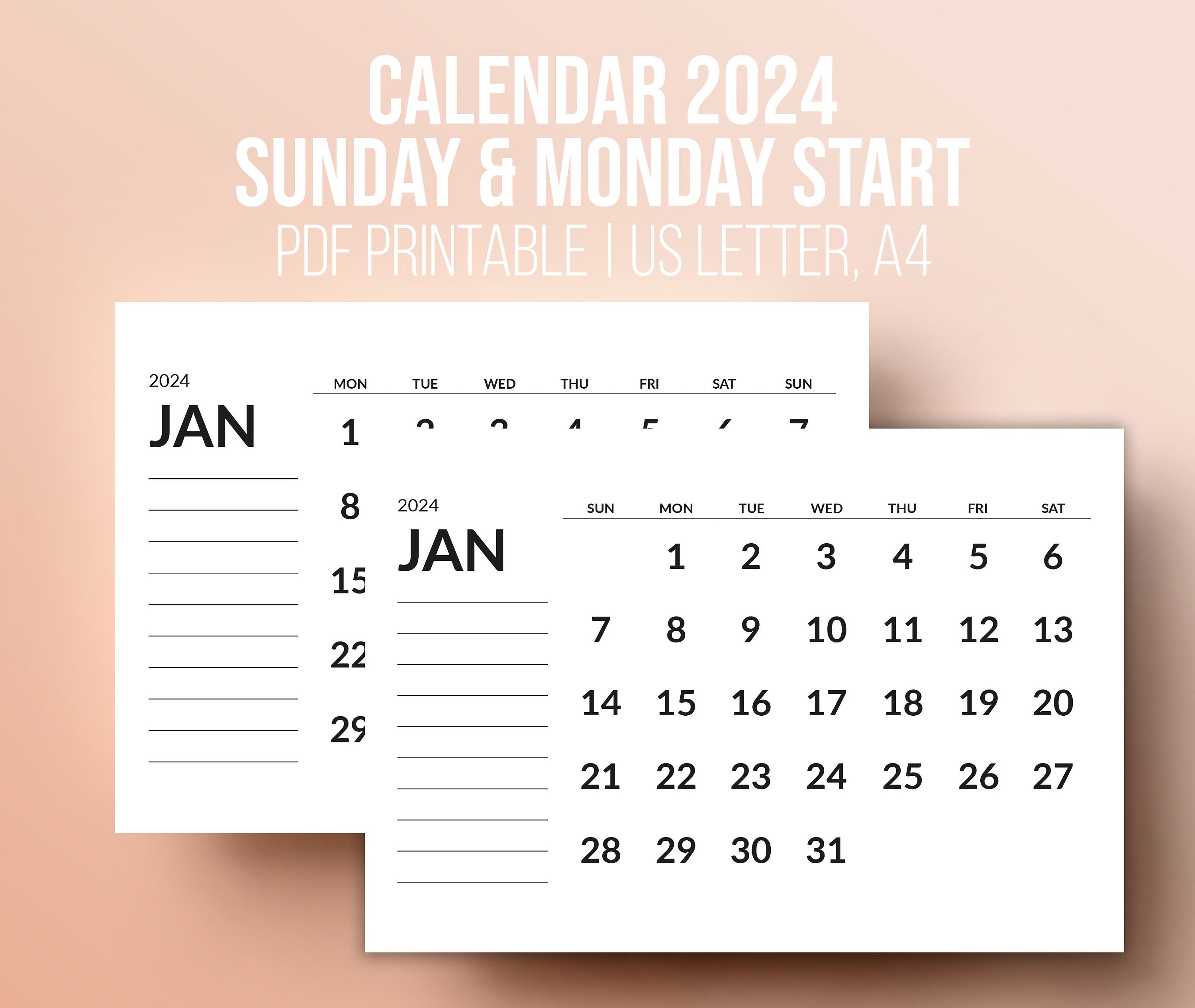 2024 Monthly Calendar With Notes, Printable Template, Minimalist ...