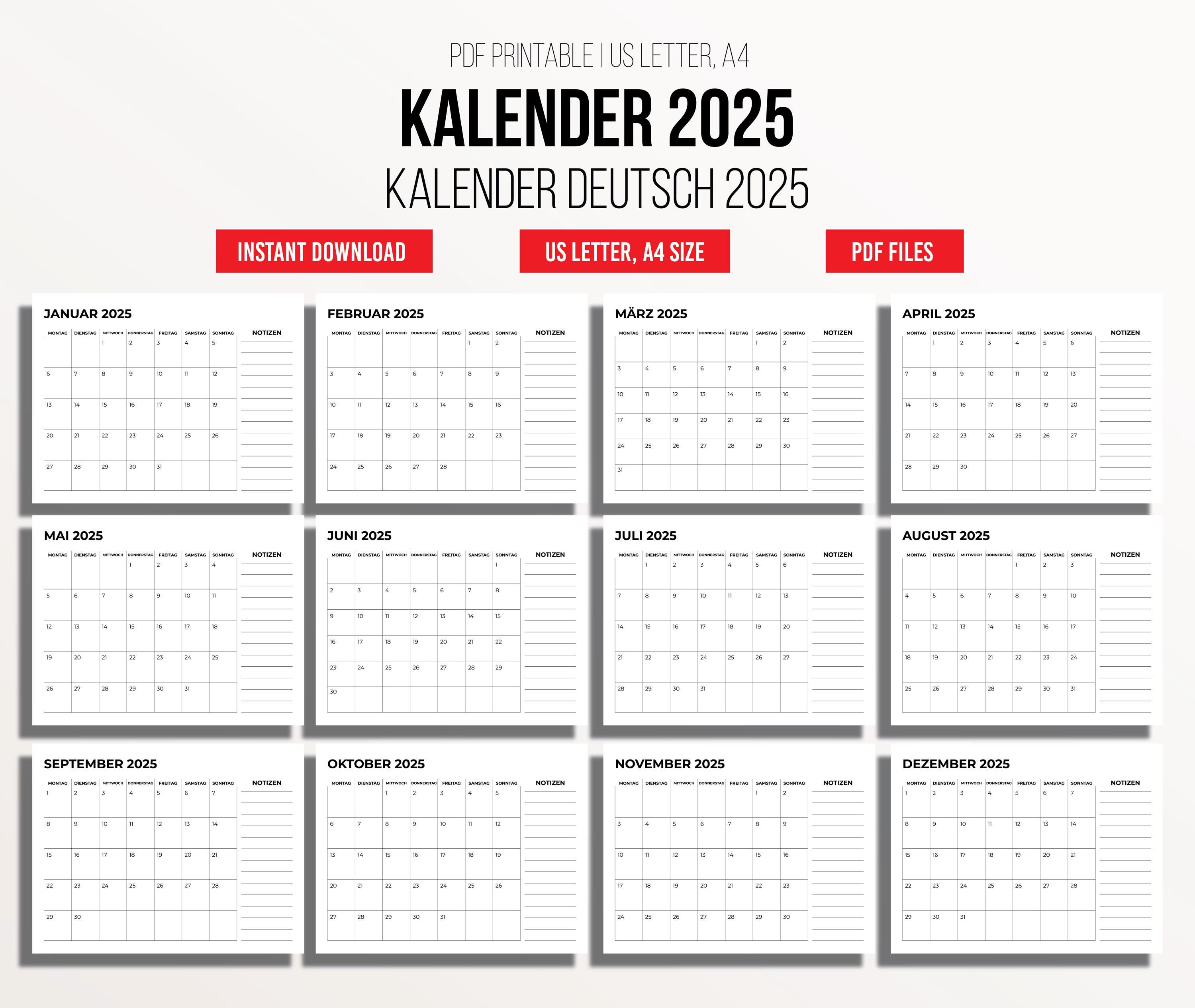Kalender Deutsch 2025, German Calendar, US Letter and A4 Size - Etsy