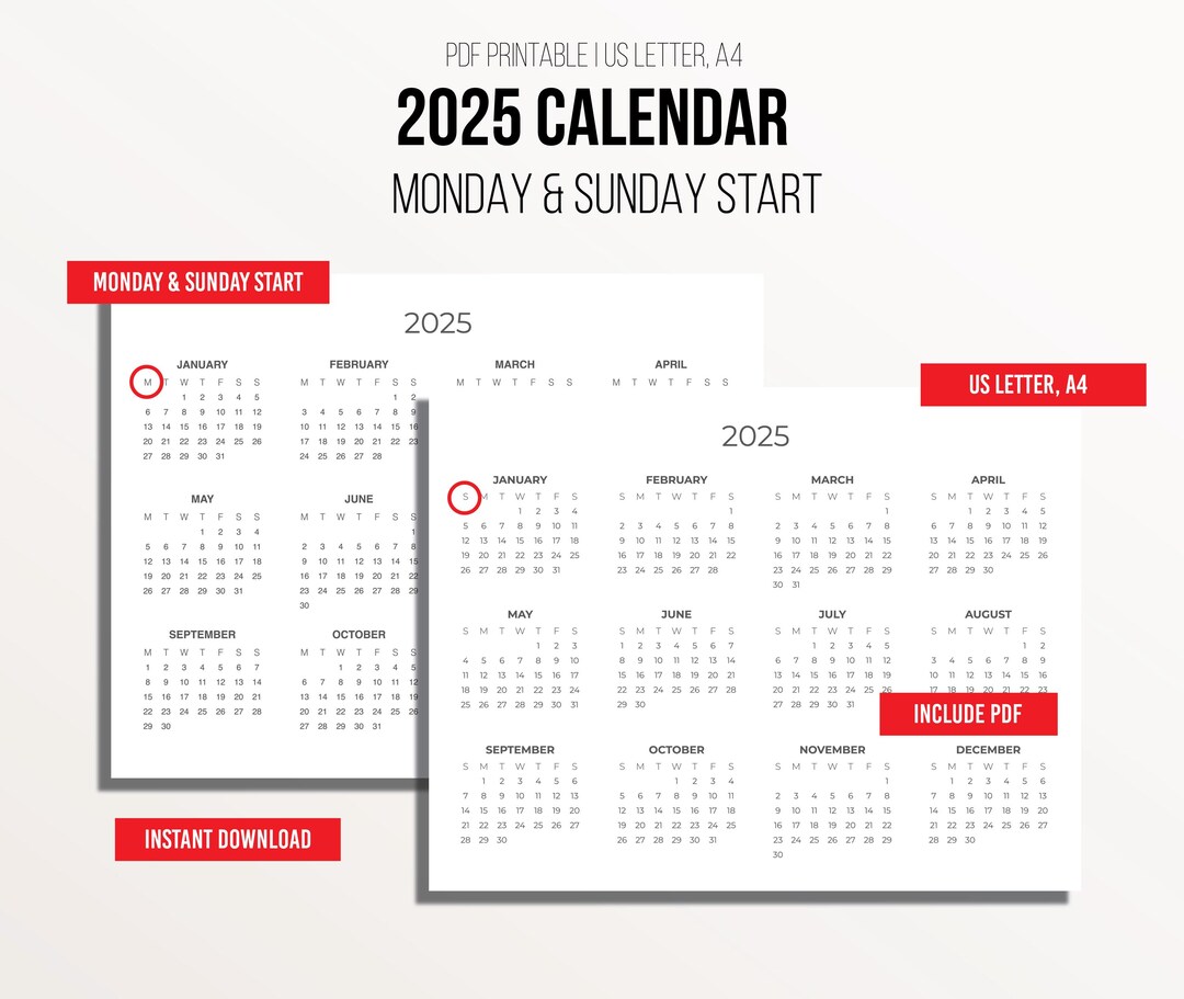 2025 Printable Calendar | Monday & Sunday Start | US Letter A4 PDF ...
